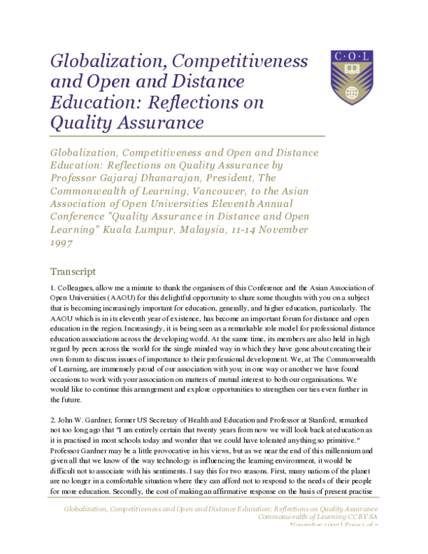 (PDF) Globalization, Competitiveness and Open and Distance Education: Reflections on Quality ...
