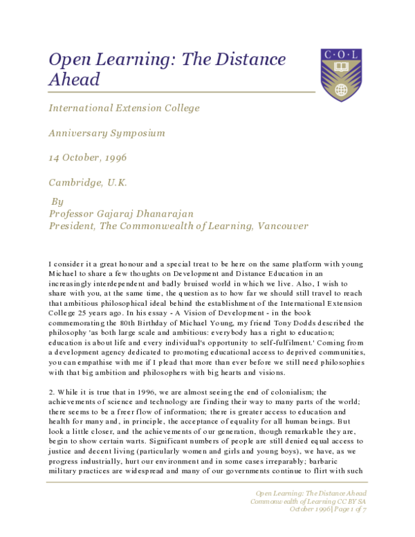 (PDF) Open learning: the distance ahead