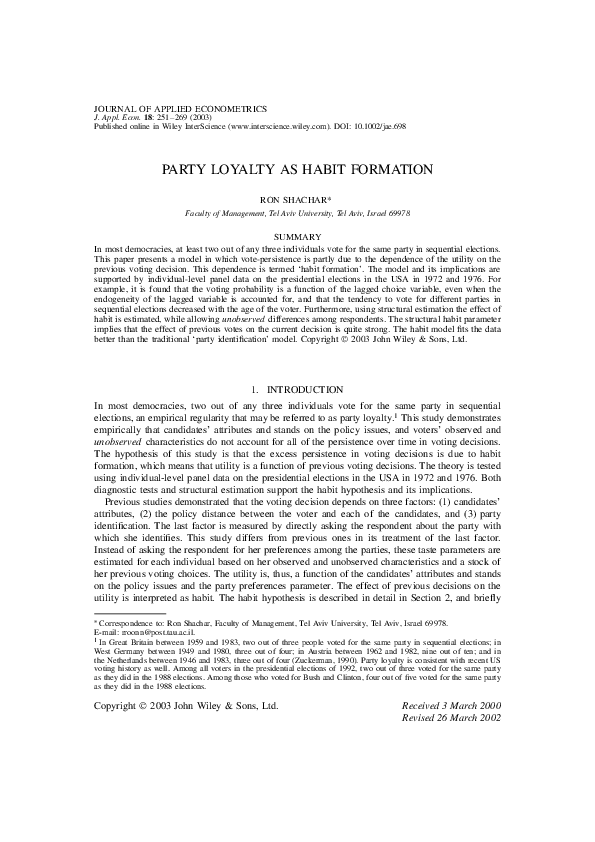 (PDF) Party loyalty as habit formation