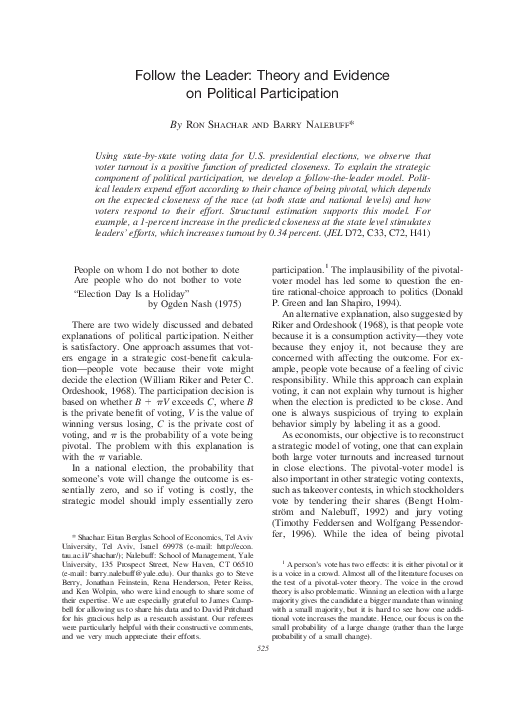 (PDF) Follow the Leader: Theory and Evidence on Political Participation