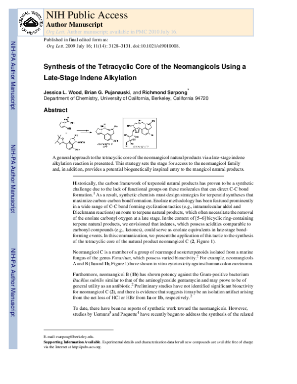 (PDF) Synthesis of the Tetracyclic Core of the Neomangicols Using a ...