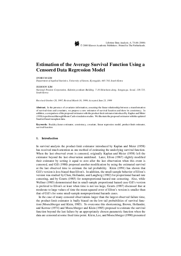 (PDF) Estimation of the Average Survival Function Using a Censored Data Regression Model