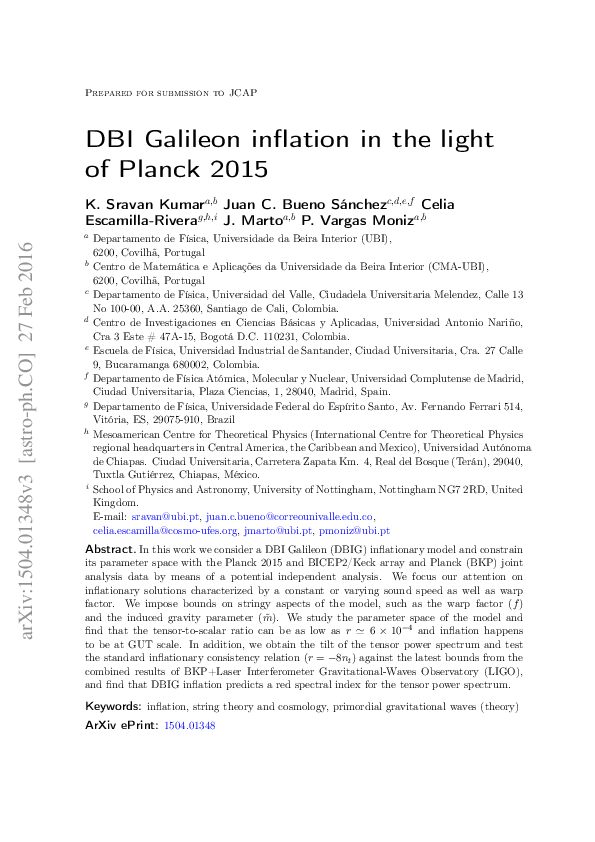 (PDF) DBI Galileon inflation in the light of Planck 2015