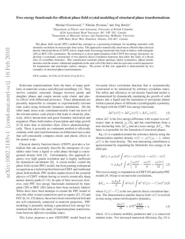(PDF) Free Energy Functionals for Efficient Phase Field Crystal Modeling of Structural Phase ...