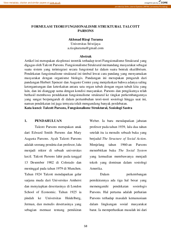 (PDF) Formulasi Teori Fungsionalisme Struktural Talcott Parsons