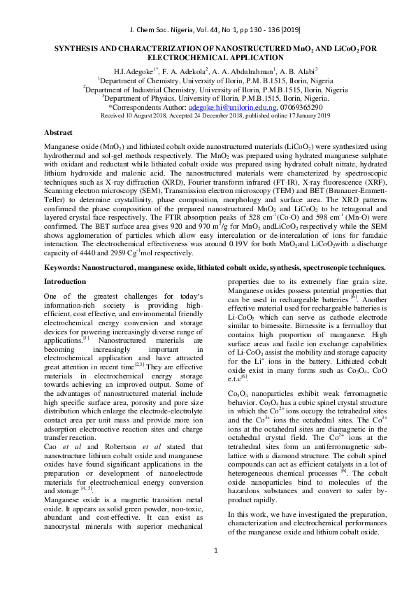 (PDF) SYNTHESIS AND CHARACTERIZATION OF NANOSTRUCTURED MnO 2 AND LiCoO 2 FOR ELECTROCHEMICAL ...