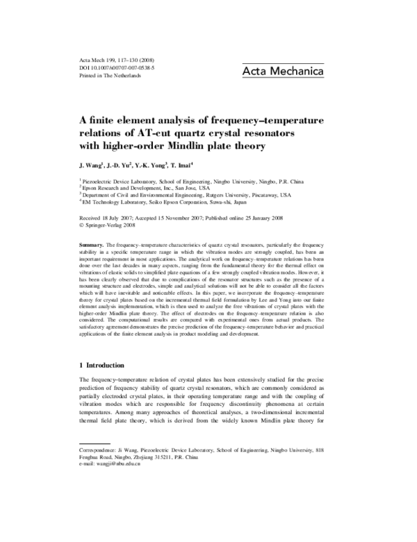 Pdf A Finite Element Analysis Of Frequency Temperature Relations Of At Cut Quartz Crystal