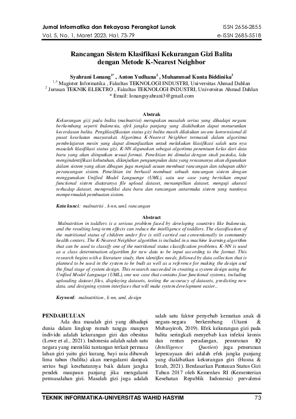 (PDF) Rancangan Sistem Klasifikasi Kekurangan Gizi Balita Dengan Metode K-Nearest Neighbor