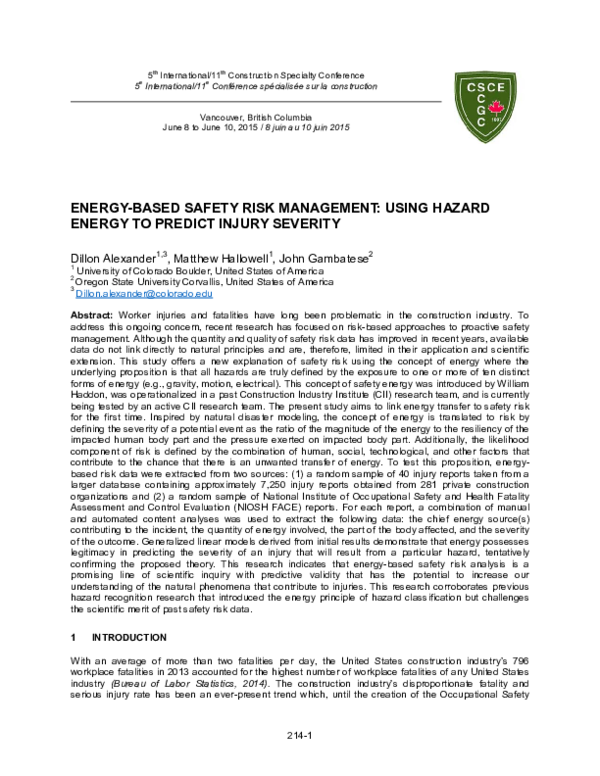 (PDF) Energy-based safety risk management : using hazard energy to ...