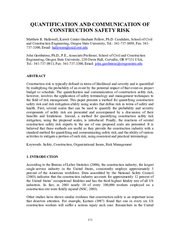 (PDF) Quantification and communication of construction safety risk