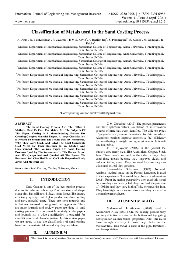 (PDF) Classification of Metals used in the Sand Casting Process