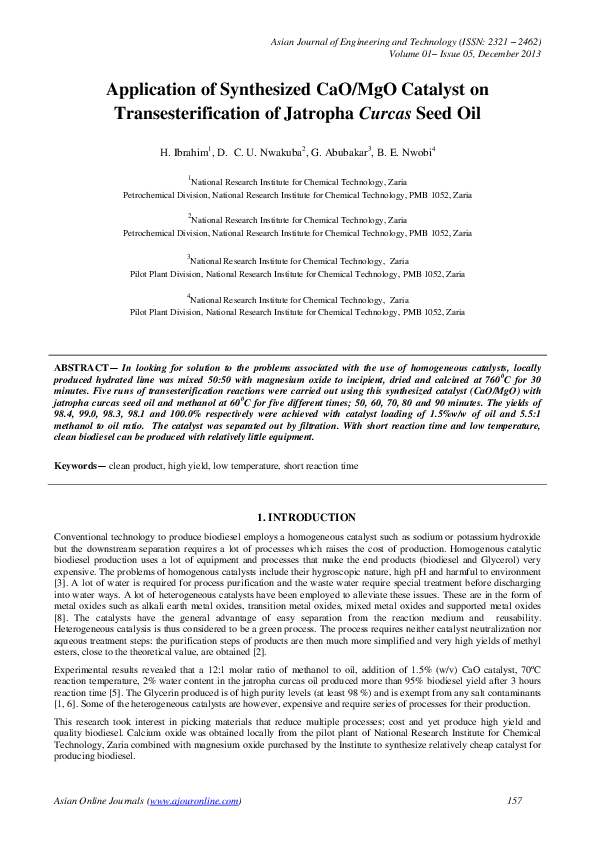 (PDF) Application of Synthesized CaO/MgO Catalyst on Transesterification of Jatropha Curcas Seed ...