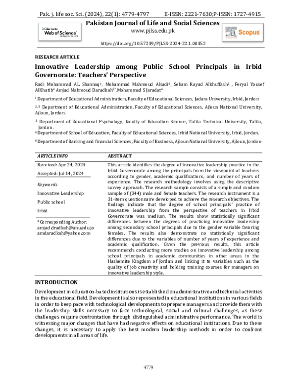 (PDF) Innovative Leadership among Public School Principals in Irbid Governorate: Teachers ...