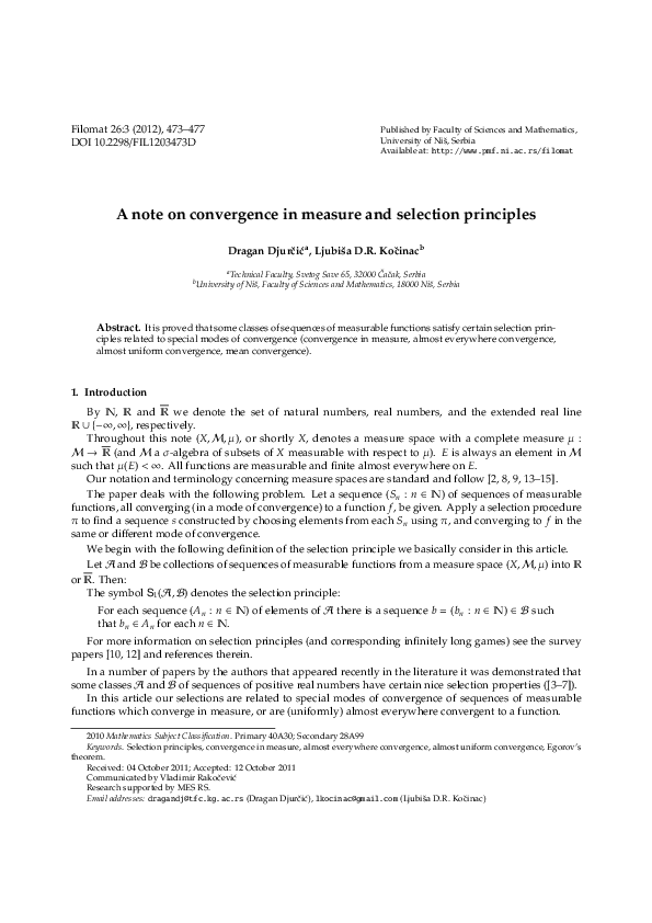 (PDF) A note on convergence in measure and selection principles