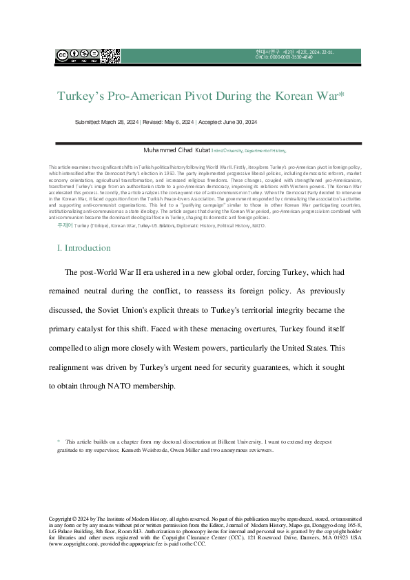 (PDF) Turkey's Pro-American Pivot During the Korean War