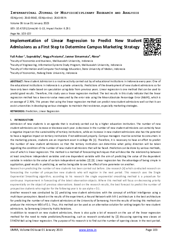 (PDF) Implementation of Linear Regression to Predict New Student Admissions as a First Step to ...