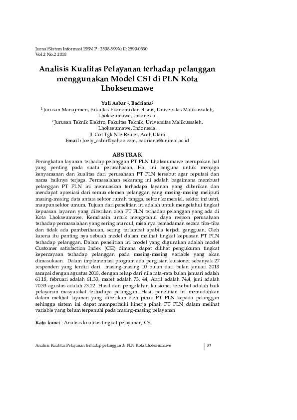 (PDF) Analisis Kualitas Pelayanan terhadap pelanggan menggunakan Model CSI di PLN Kota Lhokseumawe