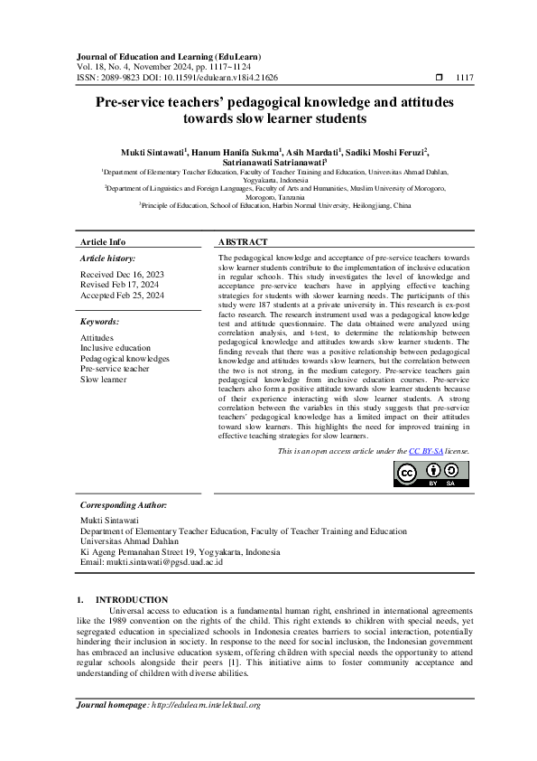 (PDF) Pre-service teachers’ pedagogical knowledge and attitudes towards slow learner students