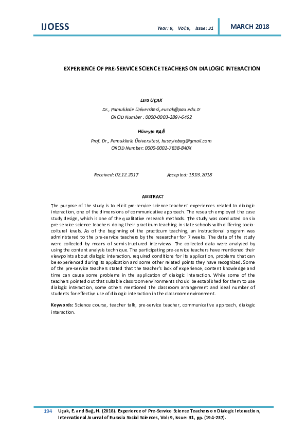 (PDF) Experience of Pre-Service Science Teachers on Dialogic Interaction