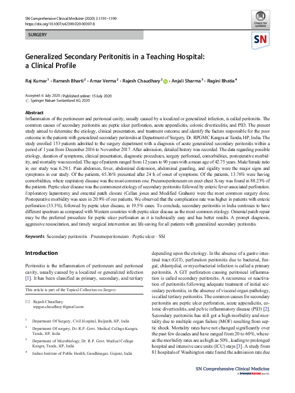 (PDF) Generalized Secondary Peritonitis in a Teaching Hospital: a ...