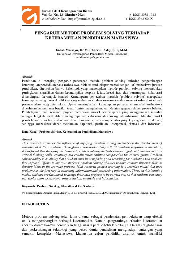Pdf Pengaruh Metode Problem Solving Terhadap Keterampilan Pendidikan