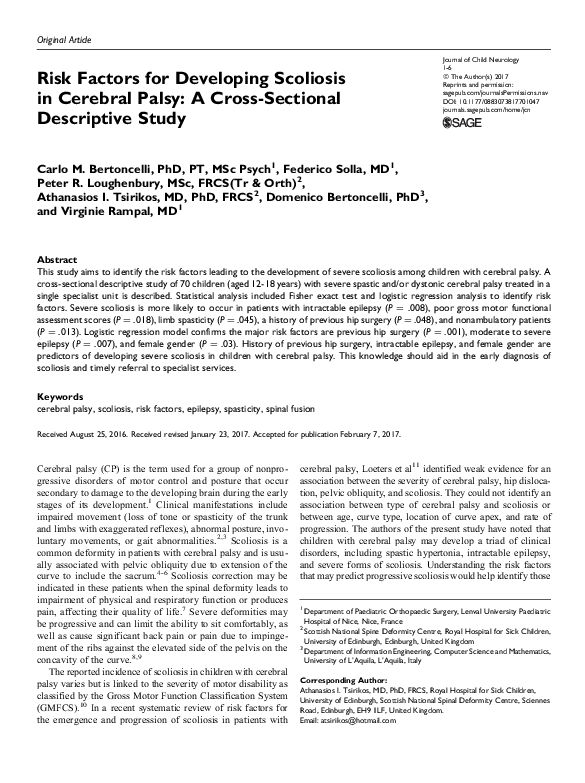 (PDF) Risk Factors for Developing Scoliosis in Cerebral Palsy: A Cross-Sectional Descriptive Study