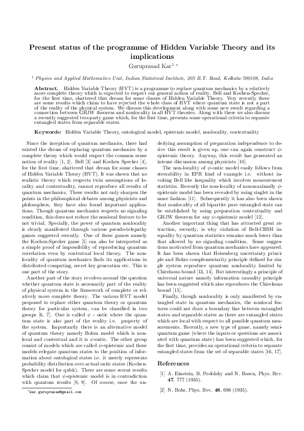 (PDF) Present status of the programme of Hidden Variable Theory and its implications