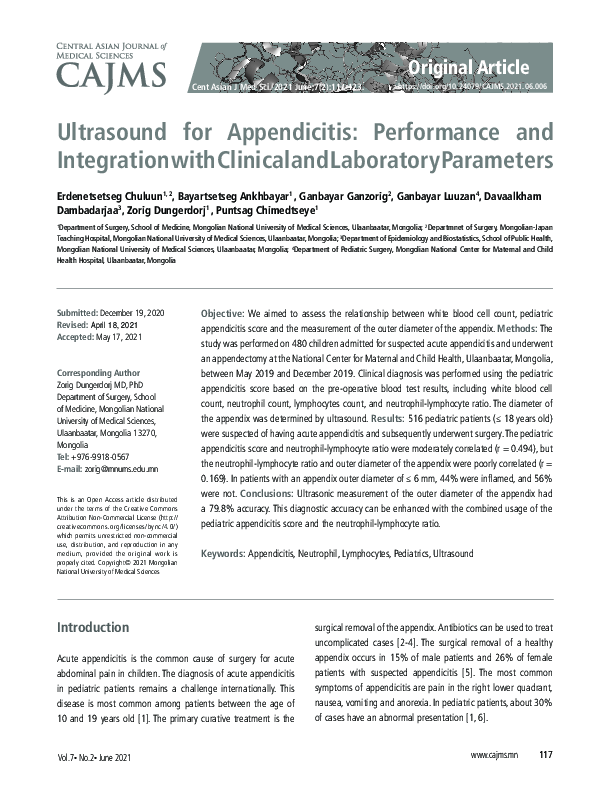 (PDF) Ultrasound for Appendicitis: Performance and Integration with Clinical and Laboratory ...