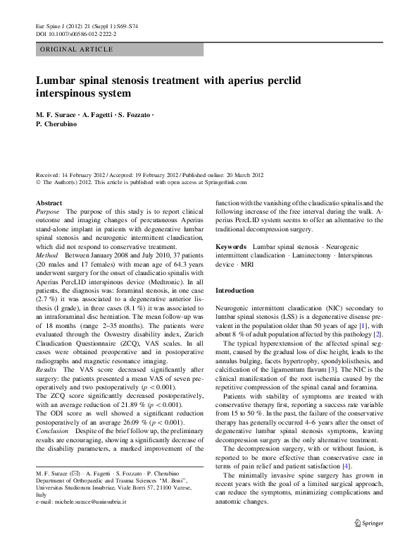 (PDF) Lumbar spinal stenosis treatment with aperius perclid ...