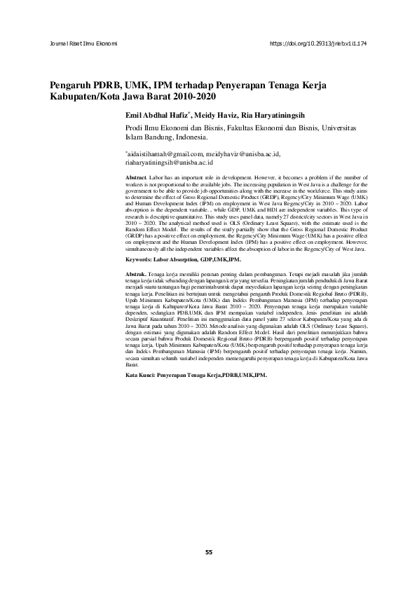 (PDF) Pengaruh PDRB, UMK, IPM terhadap Penyerapan Tenaga Kerja Kabupaten/Kota Jawa Barat 2010-2020