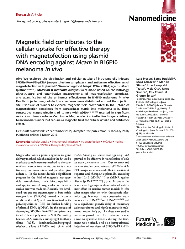 (PDF) Magnetic field contributes to the cellular uptake for effective ...