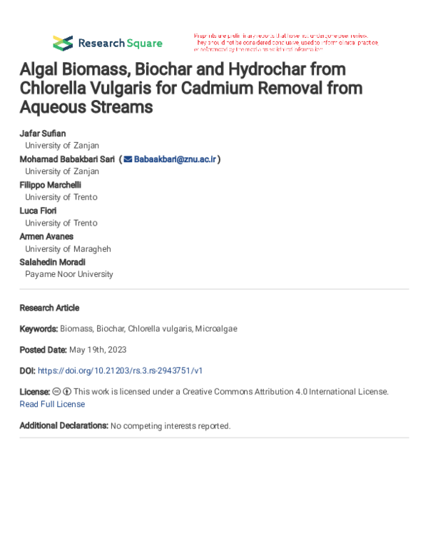 (PDF) Algal Biomass, Biochar and Hydrochar from Chlorella Vulgaris for Cadmium Removal from ...