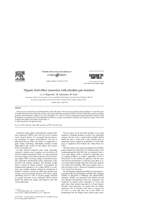 (PDF) Organic field-effect transistors with ultrathin gate insulator