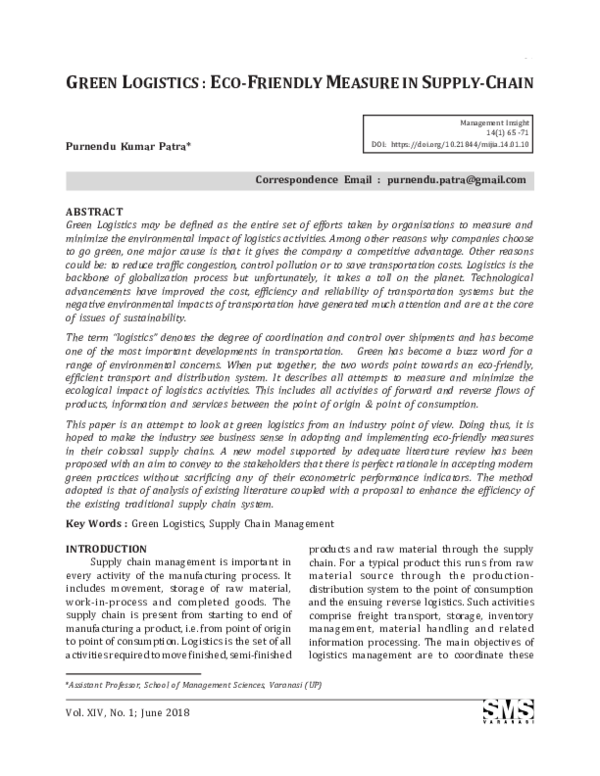 (PDF) Green Logistics: Eco-friendly measure in Supply-Chain