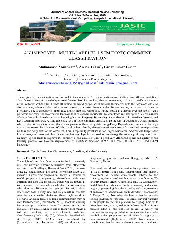 (PDF) An Improved Multi-Labeled LSTM Toxic Comment Classification
