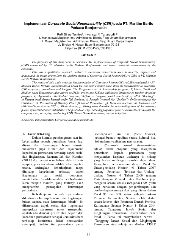 (PDF) Implementasi Corporate Social Responsibility (CSR) pada PT ...