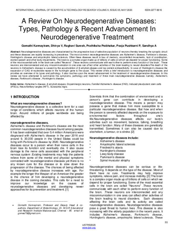 (PDF) A Review On Neurodegenerative Diseases:Types, Pathology & Recent ...