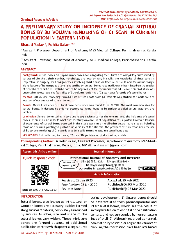 A Preliminary Study on Incidence of Cranial Sutural Bones by 3D Volume Rendering of CT Scan in ...