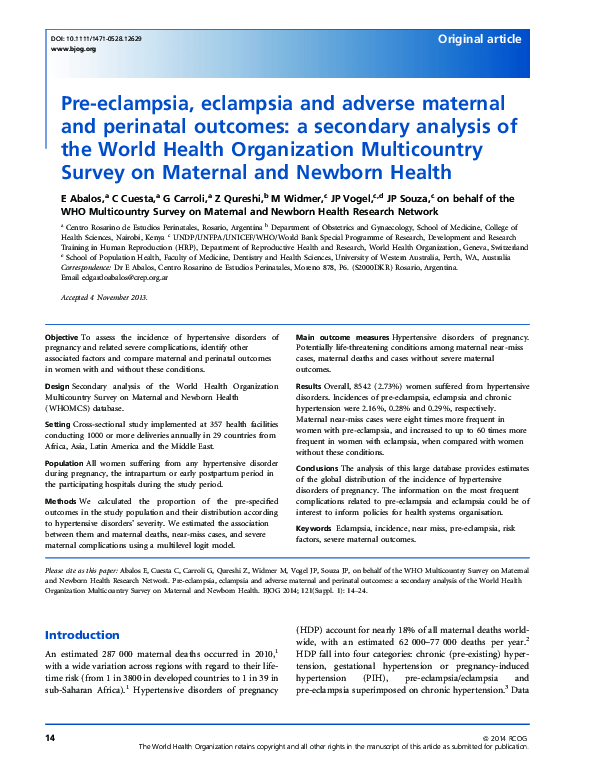 (PDF) Pre‐eclampsia, eclampsia and adverse maternal and perinatal outcomes: a secondary analysis ...