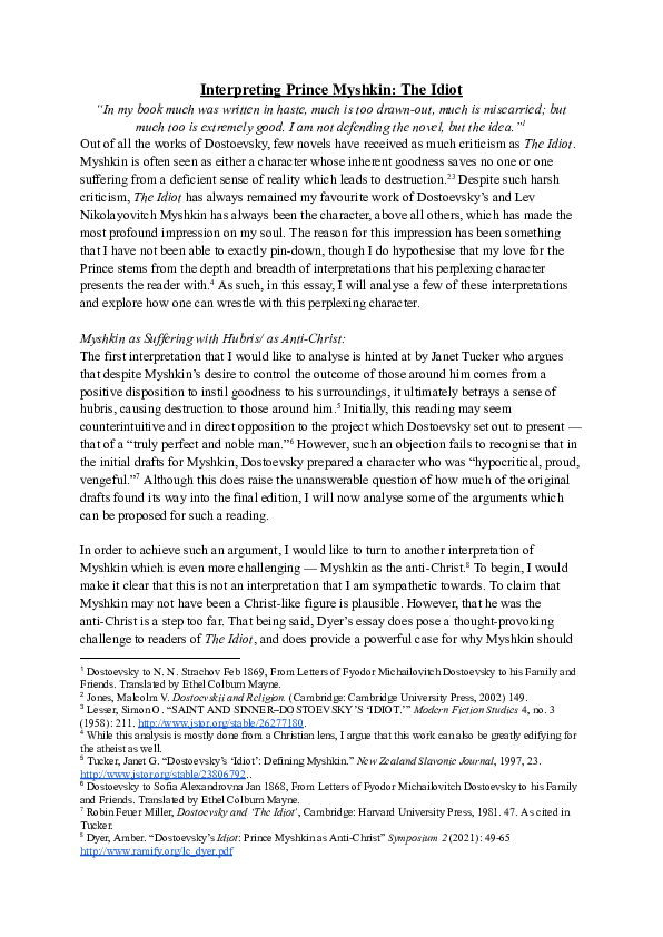 (PDF) Interpreting Prince Myshkin: The Idiot