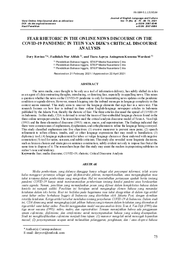 (PDF) Fear Rhetoric in the Online News Discourse on the COVID-19 ...