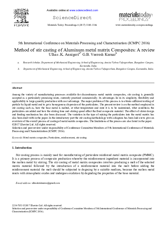 (PDF) Method of stir casting of Aluminum metal matrix Composites: A review