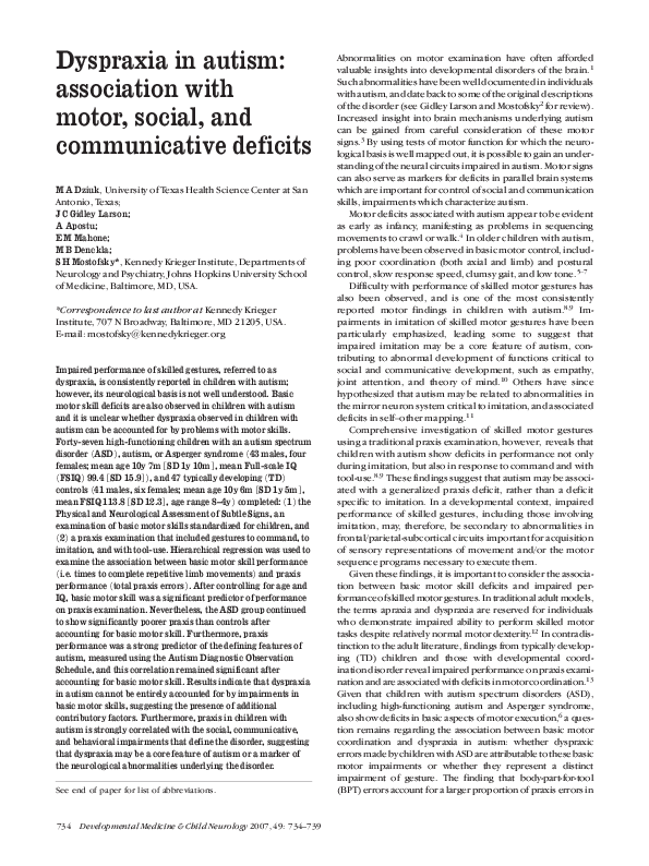 (PDF) Dyspraxia in autism: association with motor, social, and ...