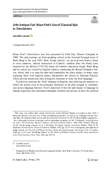 (PDF) Urbs Antiqua Fuit: Brian Friel’s Use of Classical Epic in ...
