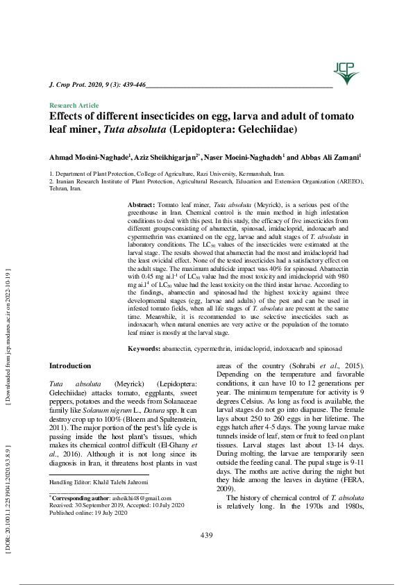 (PDF) Effects of different insecticides on egg, larva and adult of tomato leaf miner, Tuta ...