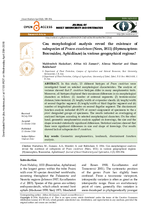 (PDF) JOURNAL OF INSECT BIODIVERSITY AND SYSTEMATICS Can morphological ...