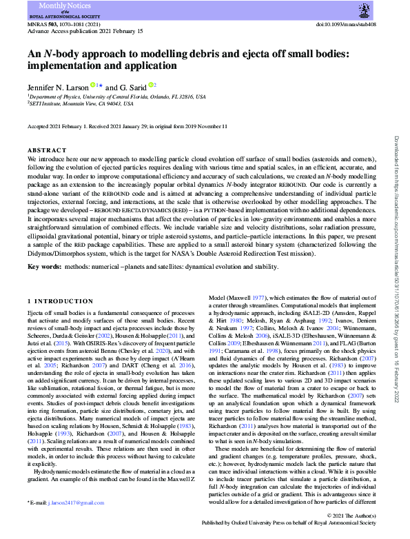 (PDF) An N -body approach to modelling debris and ejecta off small ...