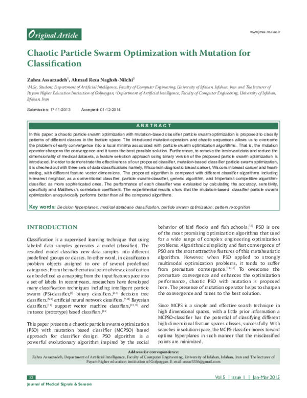 Pdf Chaotic Particle Swarm Optimization With Mutation For Classification 