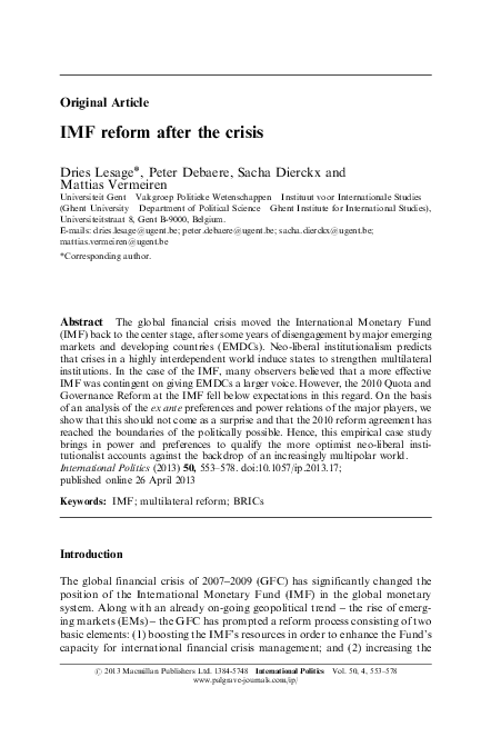 (PDF) IMF reform after the crisis