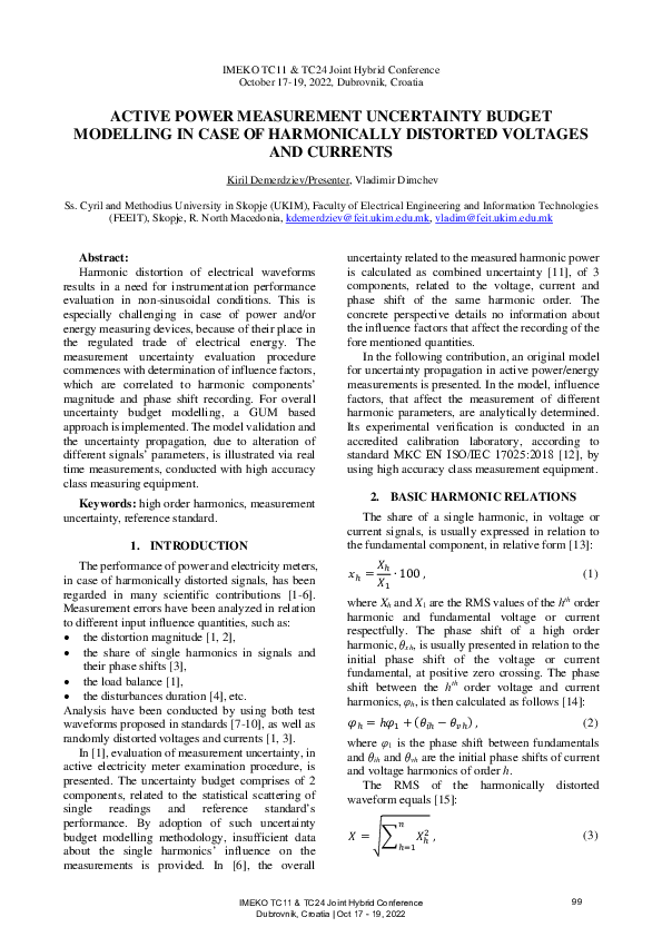 (PDF) Active Power Measurement Uncertainty Budget Modelling in Case of Harmonically Distorted ...
